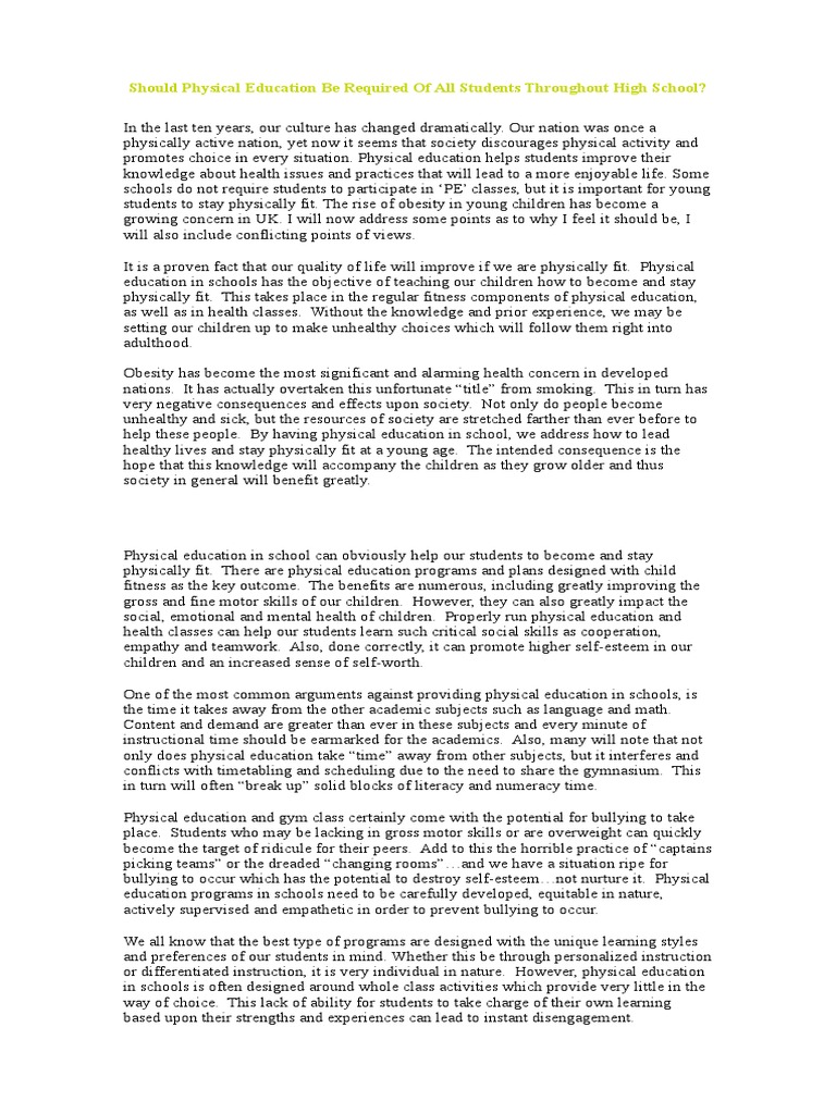 Should All High School Students Be Required to Take PE | PDF | Physical ...