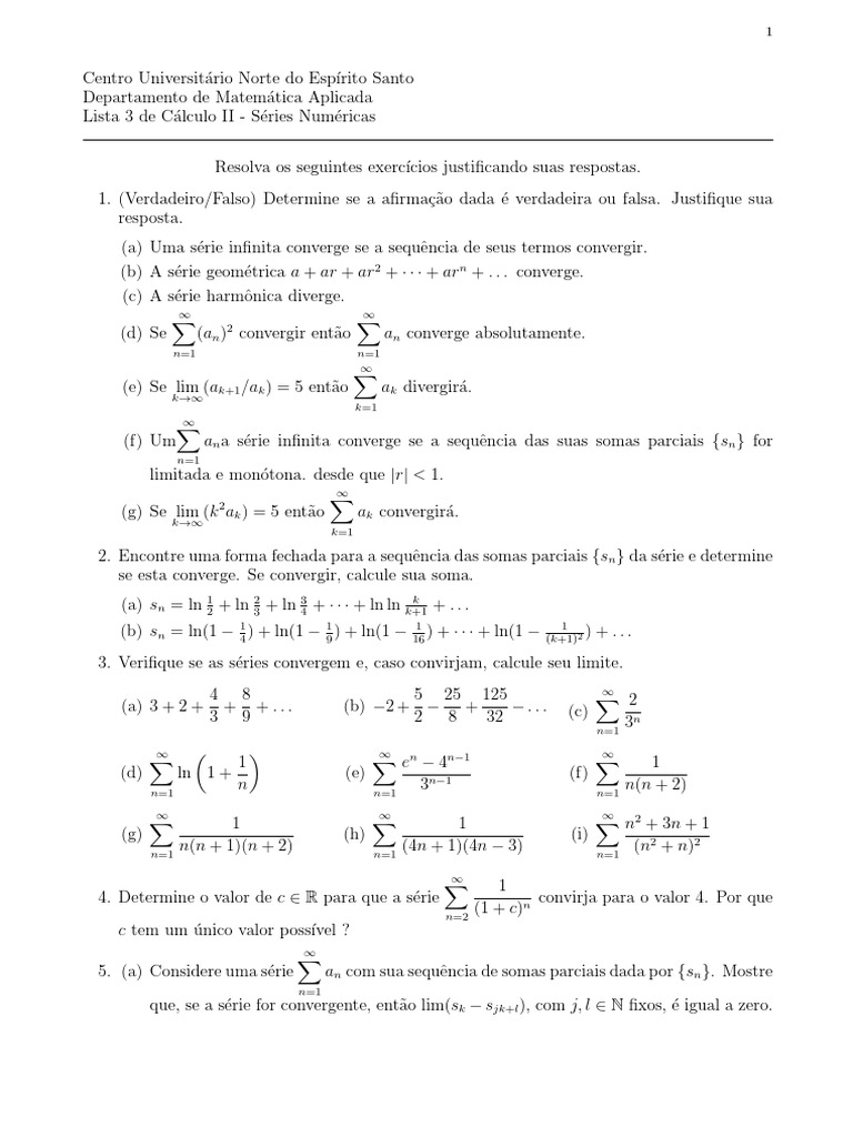 Exercícios Cálculo II | PDF | Série (Matemática) | Série