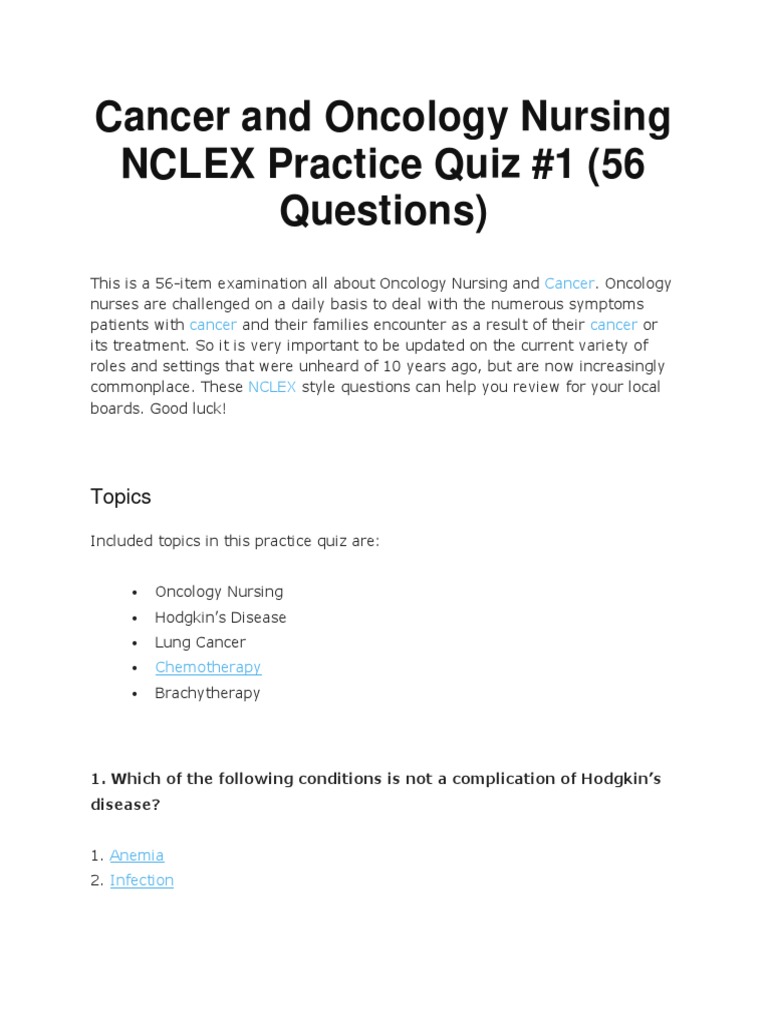 Oncology Nursing NCLEX Practice Quiz | PDF | Leukemia | Chemotherapy