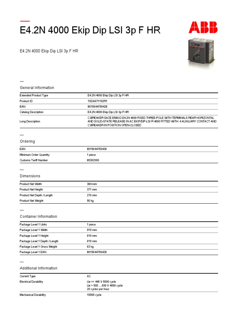 1SDA071192R1 E4 2n 4000 Ekip Dip Lsi 3p F HR | PDF | Electrical Equipment | Power (Physics)