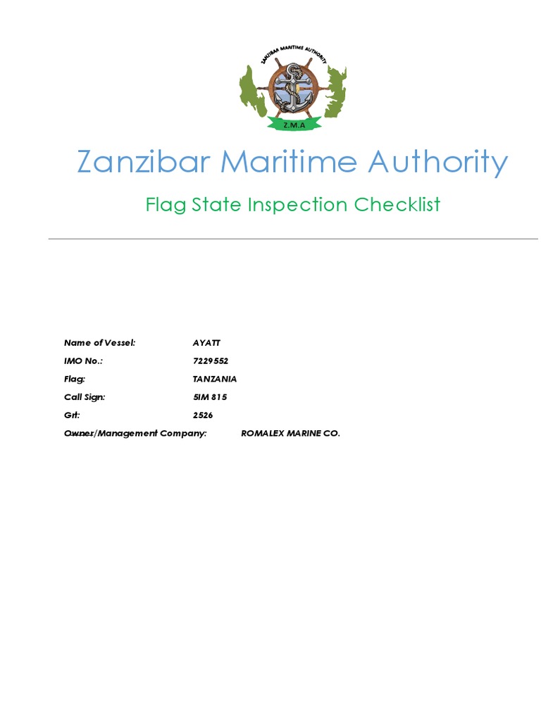 MV AYATT ZMA - Flag State Inspection Checklist Form | PDF | Water ...