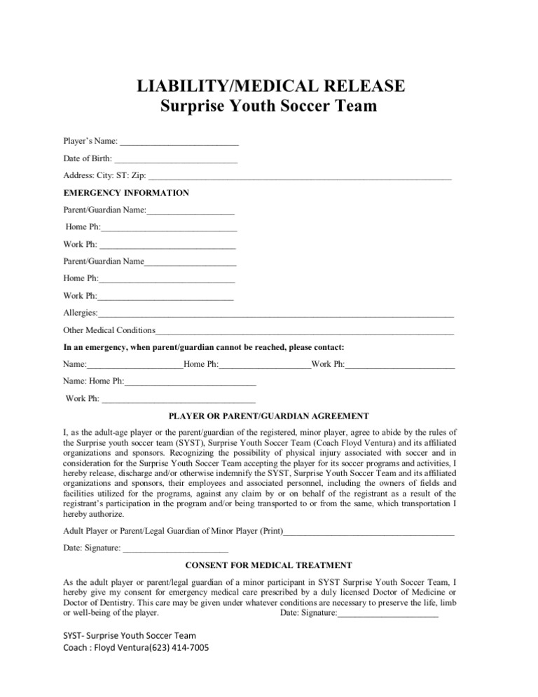 Surprise Youth Soccer Liability Release | PDF | Legal Guardian | Health ...