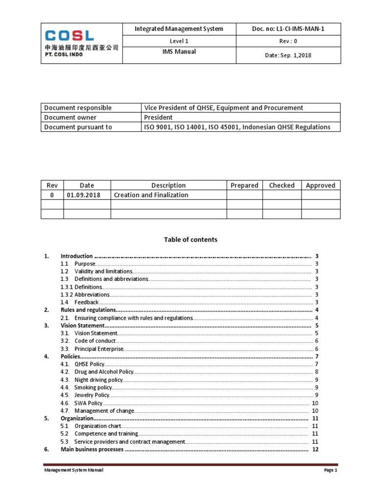 Integrated Management System Manual | PDF | Leadership | Regulatory ...