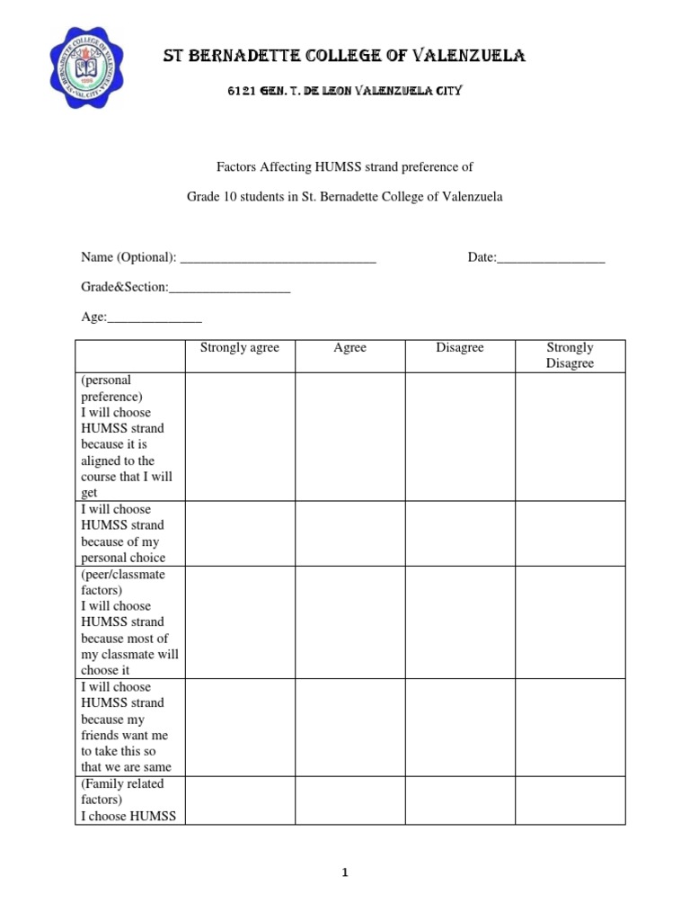 HUMSS Strand Preference Factors at SBCV | PDF