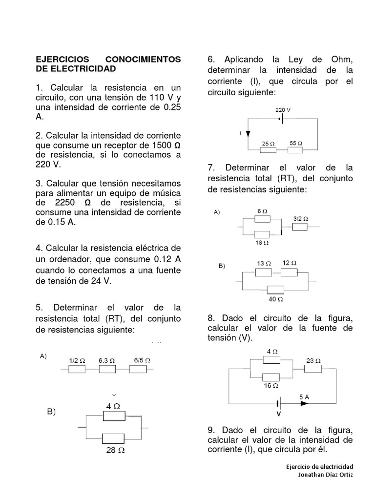 Ejercicios Conocimientos de Electricidad | PDF | Resistencia Eléctrica y Conductancia ...