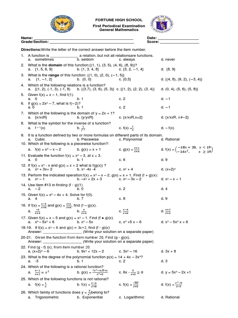 1st Periodical Examination in Gen. Math | PDF | Asymptote | Function ...