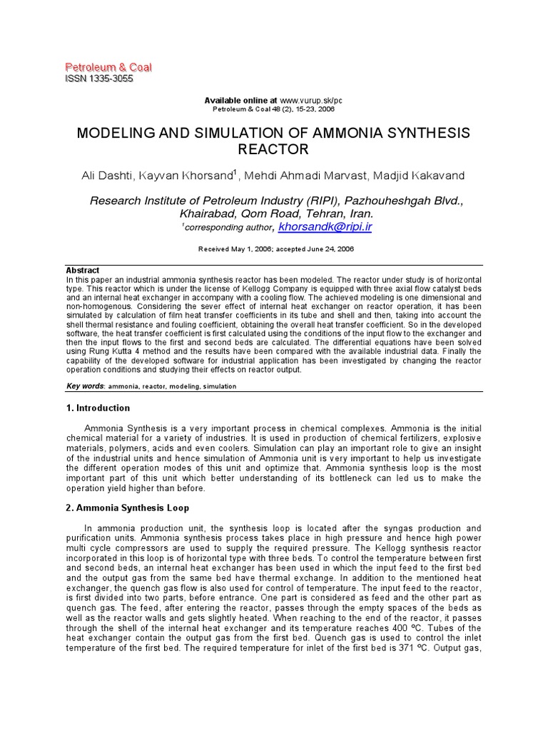 Modeling and Simulation of Ammonia Synthesis Reactor PDF | PDF | Chemical Reactor | Reaction Rate