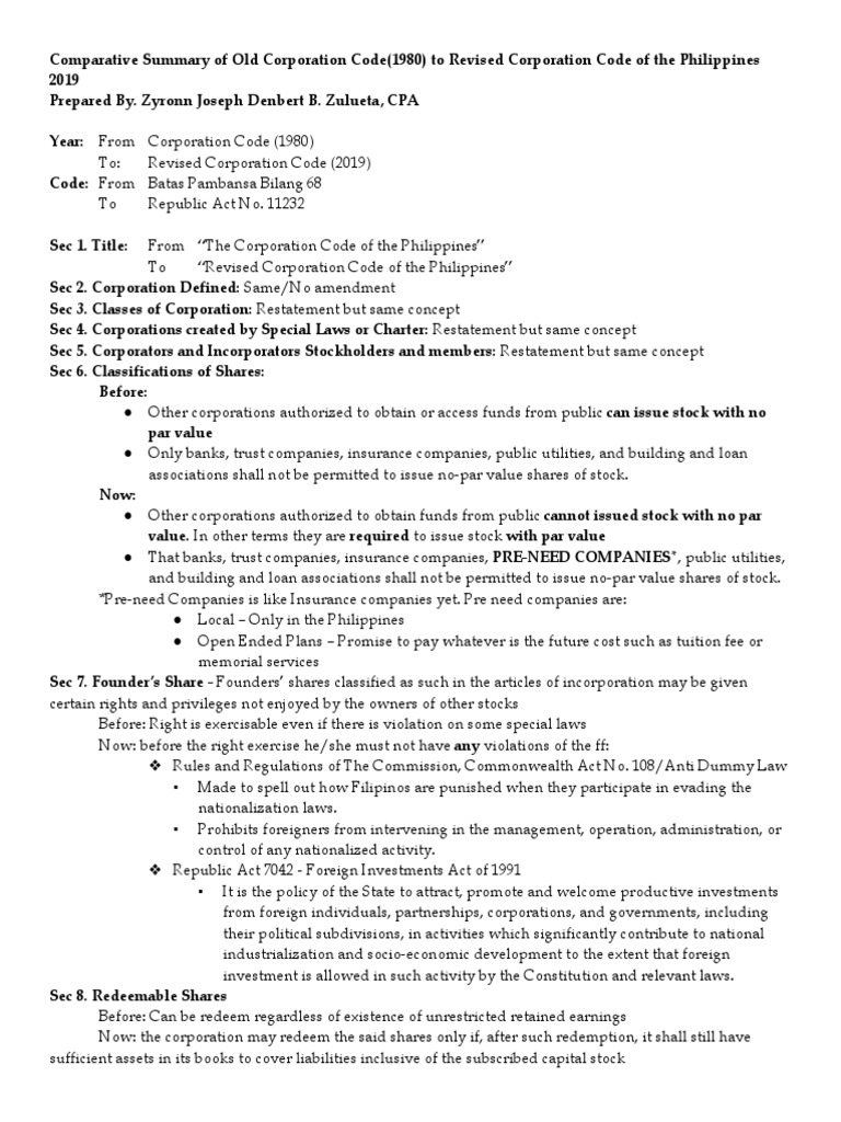 Revised Corporation Code Summary | PDF | Board Of Directors | By Law