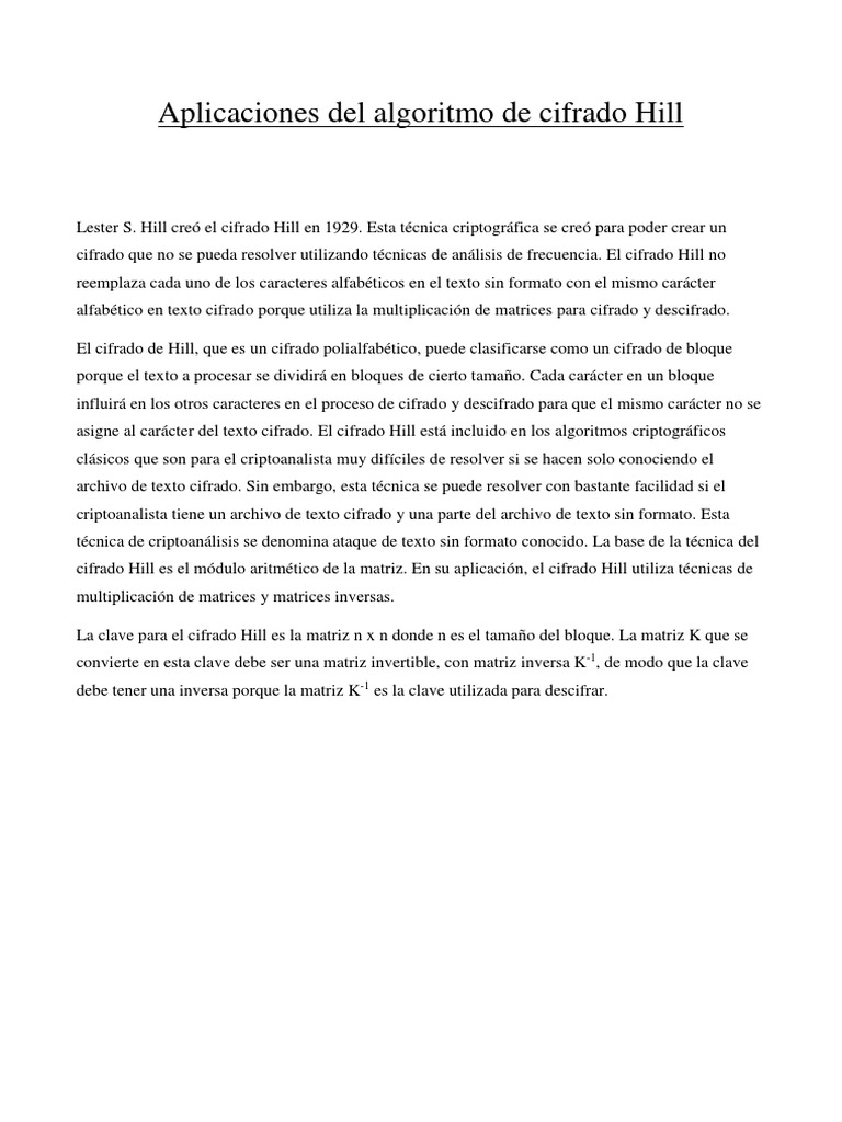 Aplicaciones Del Algoritmo de Cifrado Hill | PDF | Criptografía | Clave ...