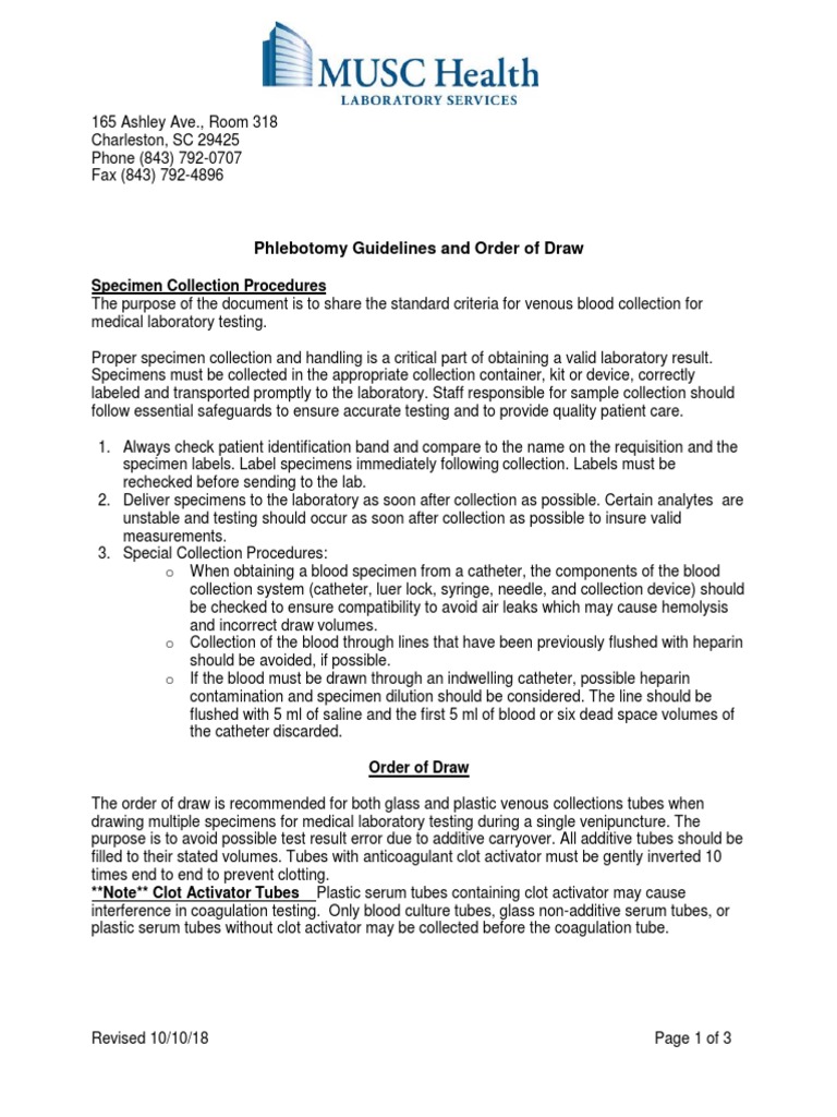Phlebotomy Guidelines and Order of Draw: Specimen Collection Procedures ...