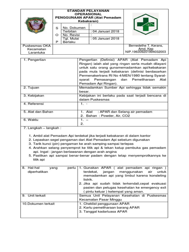 SOP Penggunaan APAR (Alat Pemadam Kebakaran) | PDF