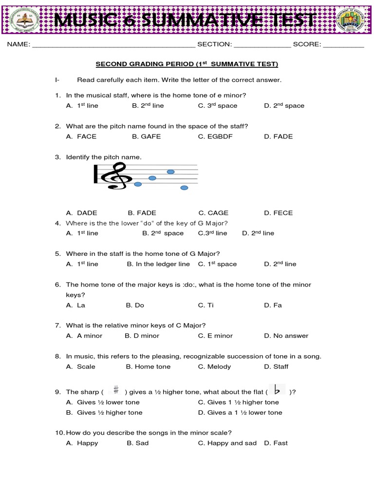 Music Summative Test - 2nd Grading S | PDF | Musical Notation | Scale ...