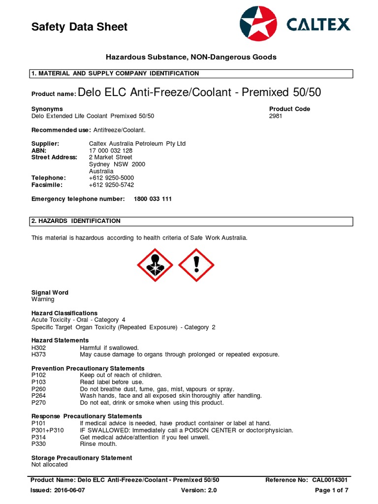 Delo ELC Anti-Freeze Coolant - Premixed 50 50-SDS | PDF | Toxicity ...