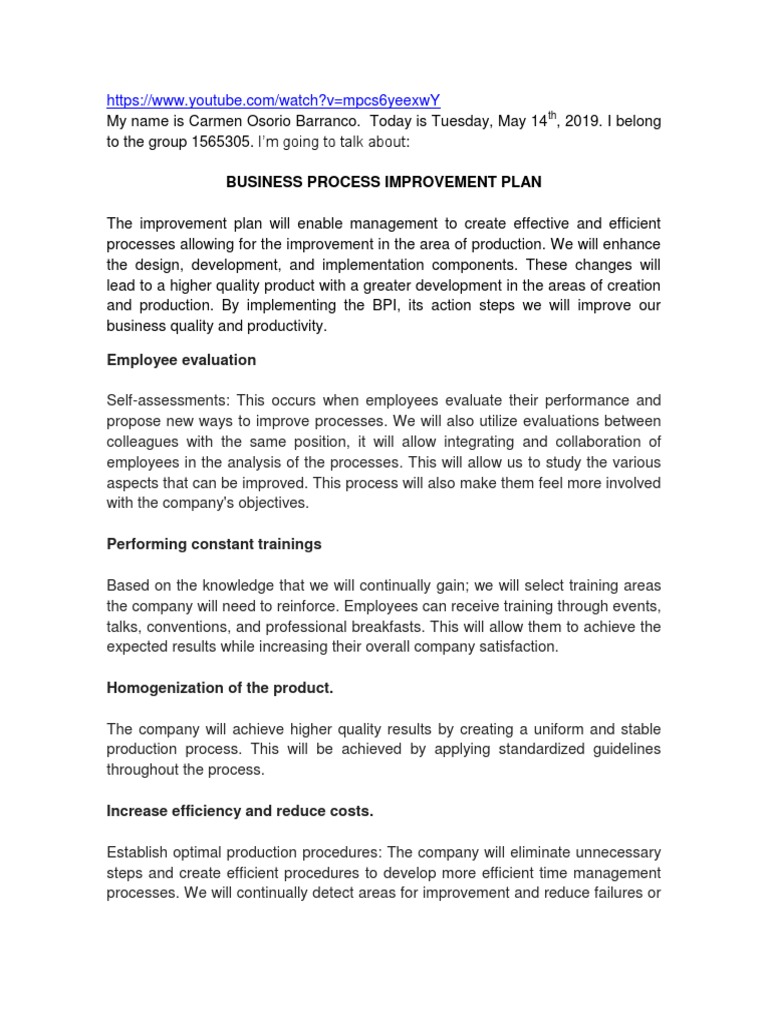 Business Process Improvement Plan | PDF