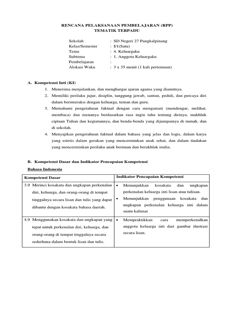 RPP Kelas 1 Tema 4 Sub. 1 | PDF