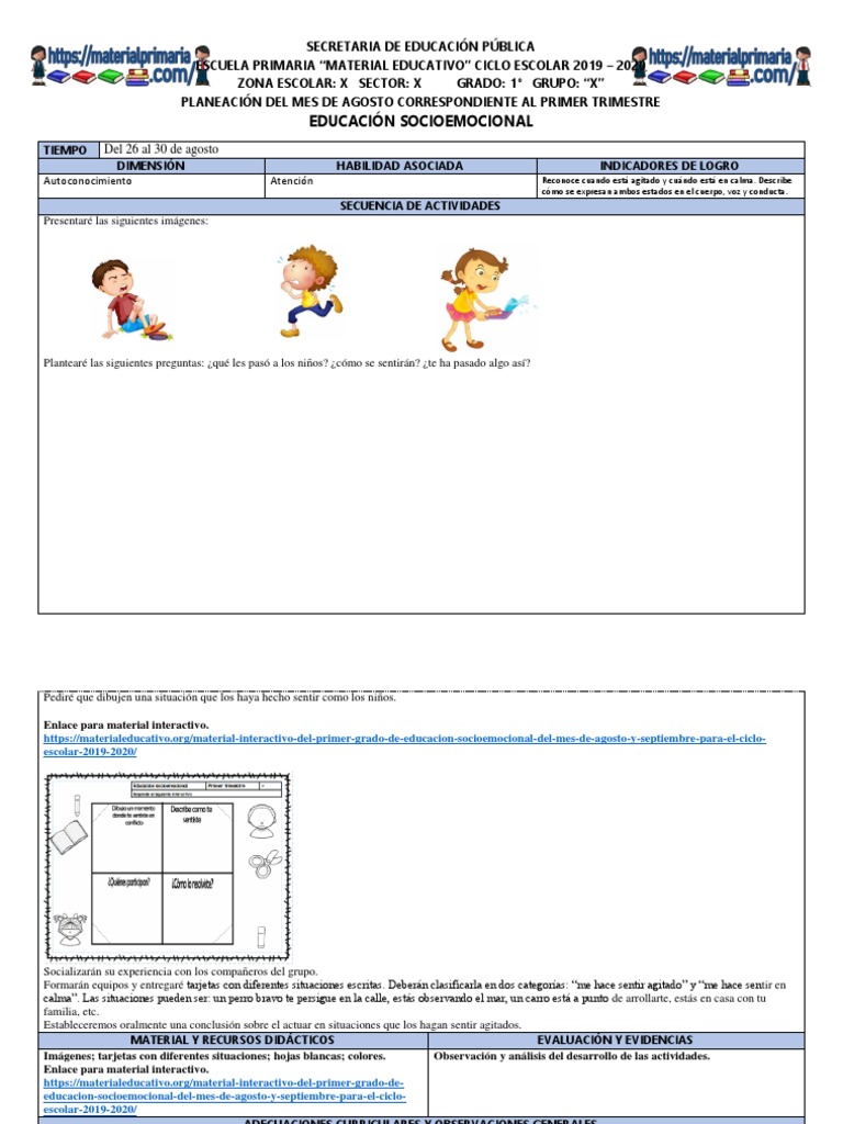 Planeación Socioemocional 1° Grado | PDF | Educación primaria | Evaluación