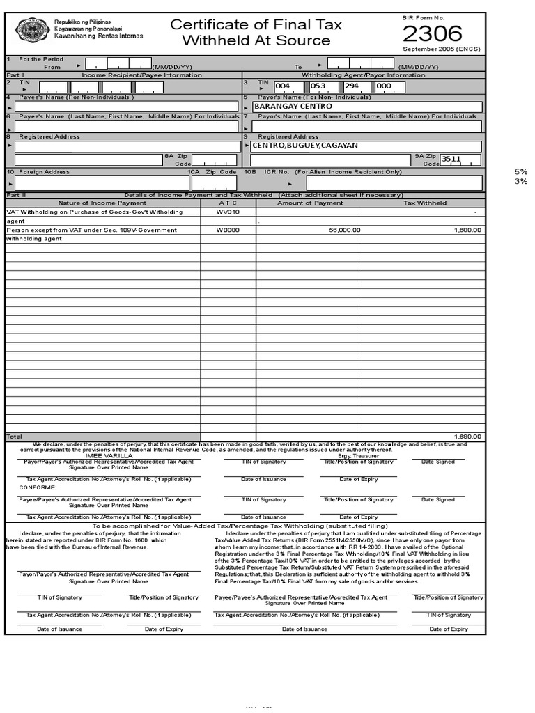 Certificate of Final Tax Withheld At Source for Government Withholding ...