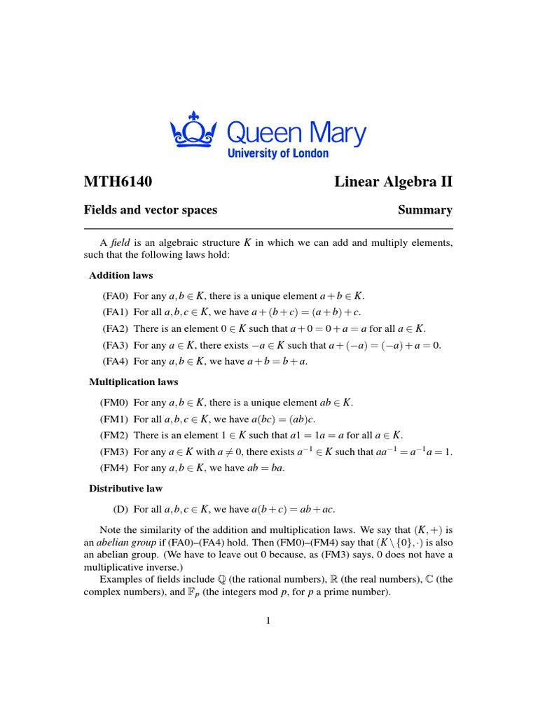 MTH6140 Linear Algebra II: Fields and Vector Spaces | PDF | Field ...