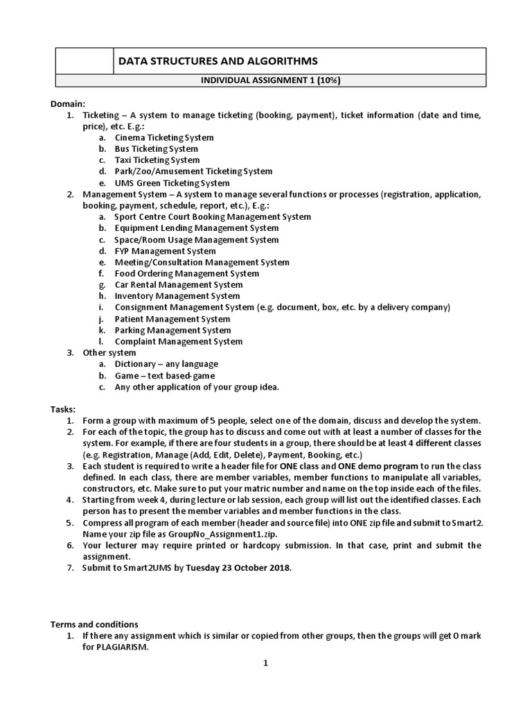 Data Structures and Algorithms: Individual Assignment 1 (10%) Domain | PDF | Zip (File Format ...