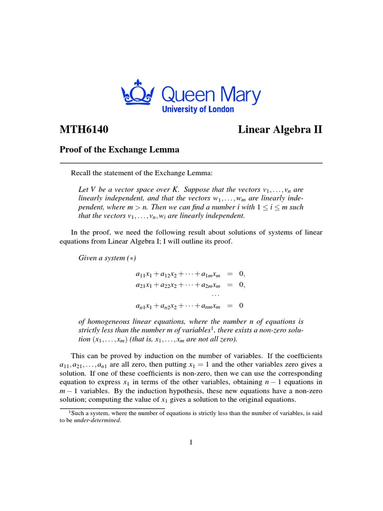 MTH6140 Linear Algebra II: Proof of The Exchange Lemma | PDF ...