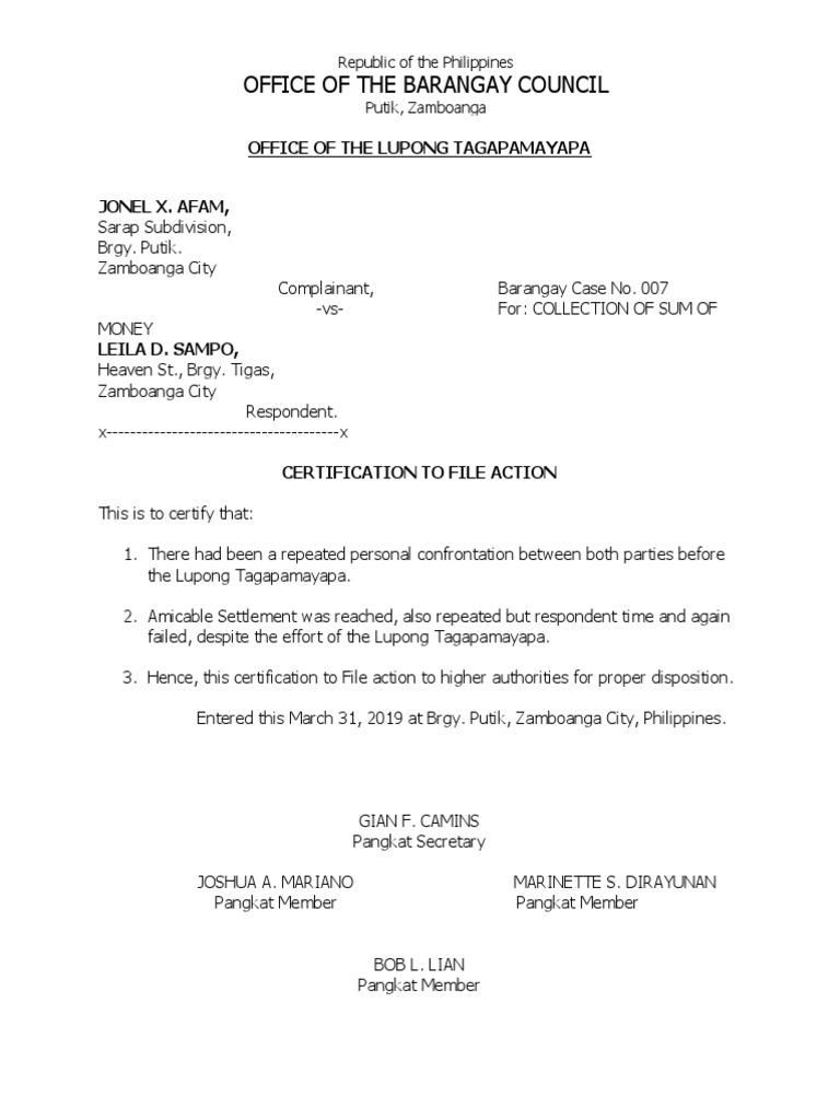 Cert To File Action Mhedz | PDF | Philippines