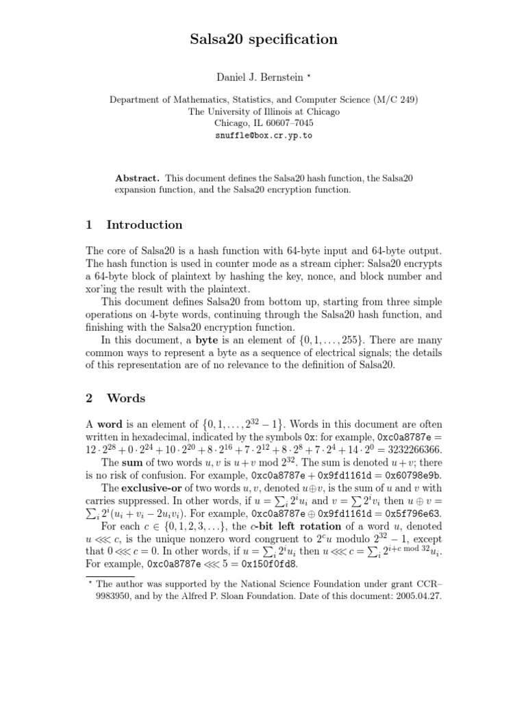 Salsa20 Specification - Daniel J. Bernstein | PDF | Cryptography ...