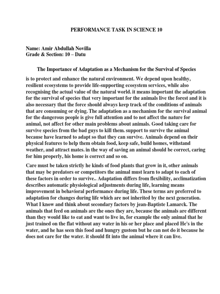 Performance Task in Science 10 | PDF | Adaptation | Ecology