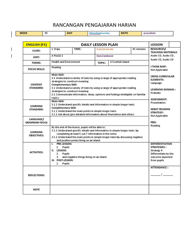 Rancangan Pengajaran Harian: Daily Lesson Plan | PDF | Lesson Plan ...