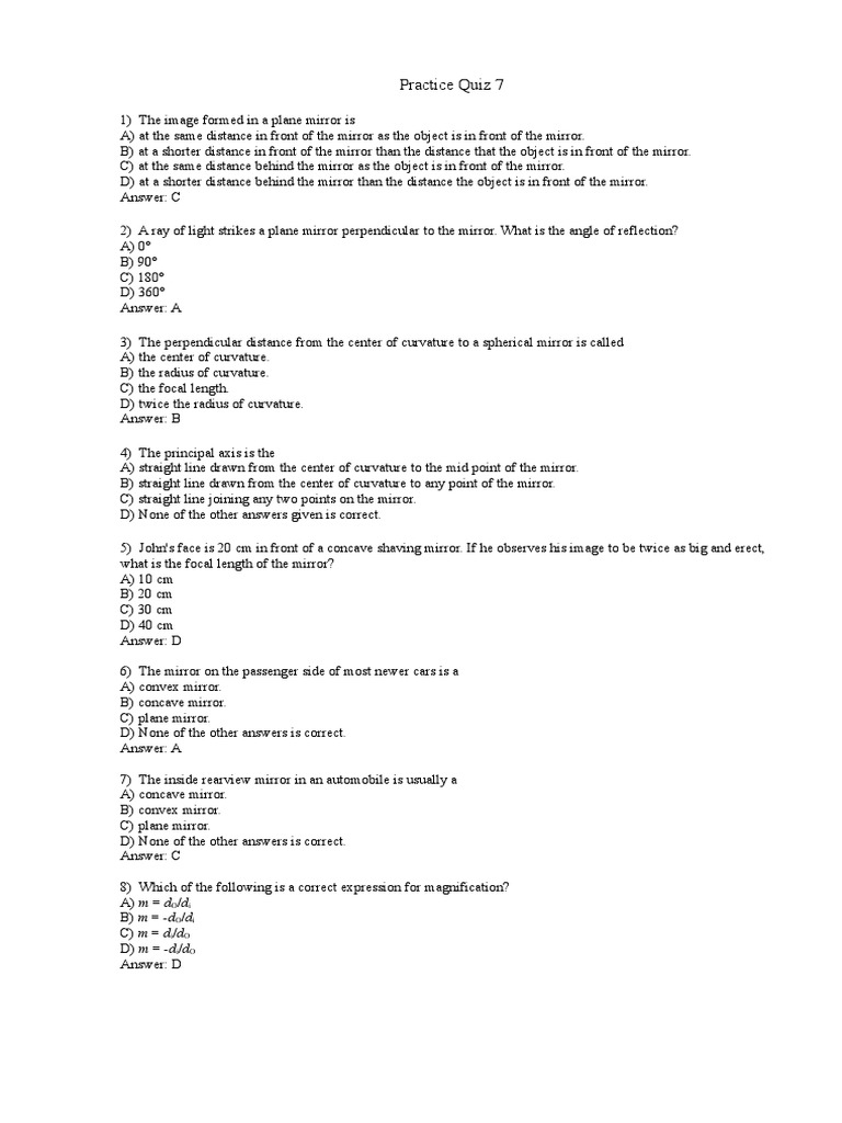 Mirror and Lens Quiz for Students | PDF | Lens (Optics) | Natural ...