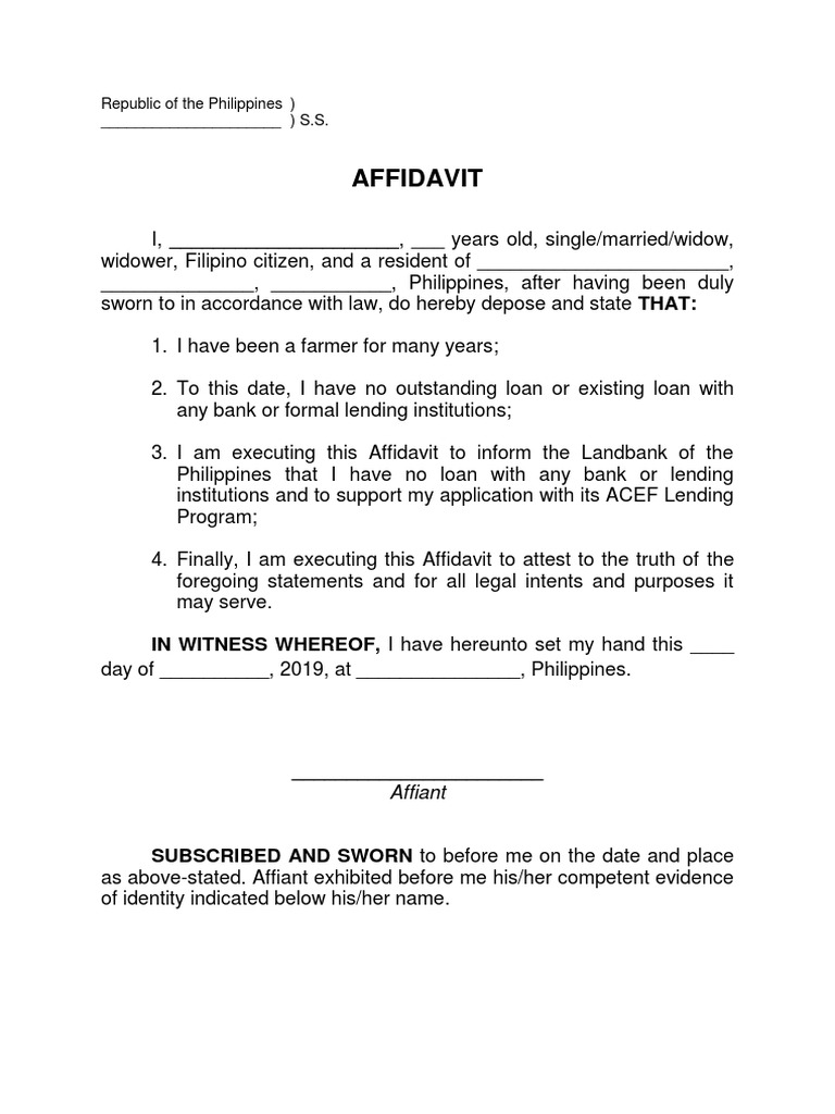 Affidavit - Lbp-Acef Lending Program (Blank) | PDF