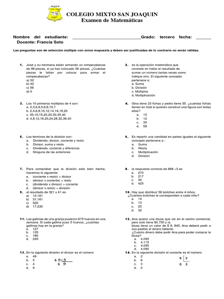 Examen de Matematica Tercer Periodo Grado Tercero | PDF | División ...