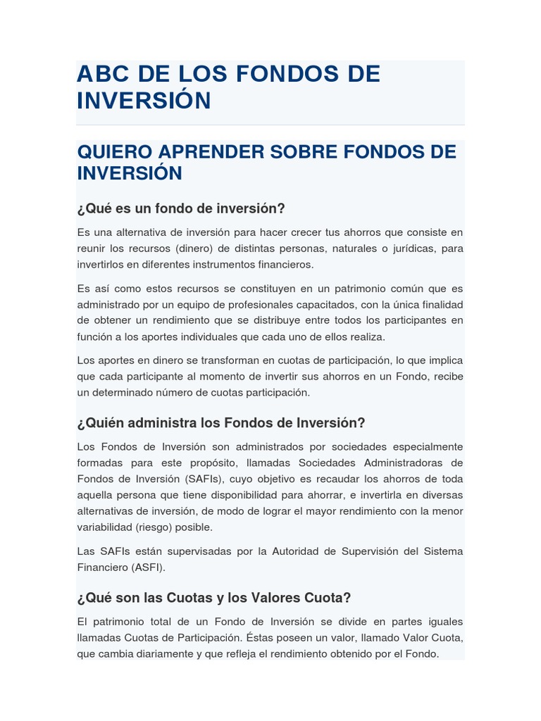 ABC de Los Fondos de Inversión | PDF | Fondo de inversión | Portafolio ...