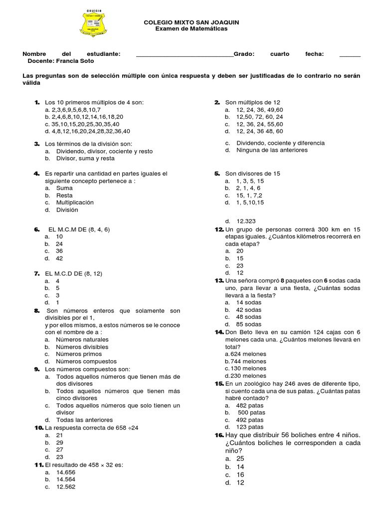 Examen de Matematica Tercer Periodo Grado 4 | PDF | División ...