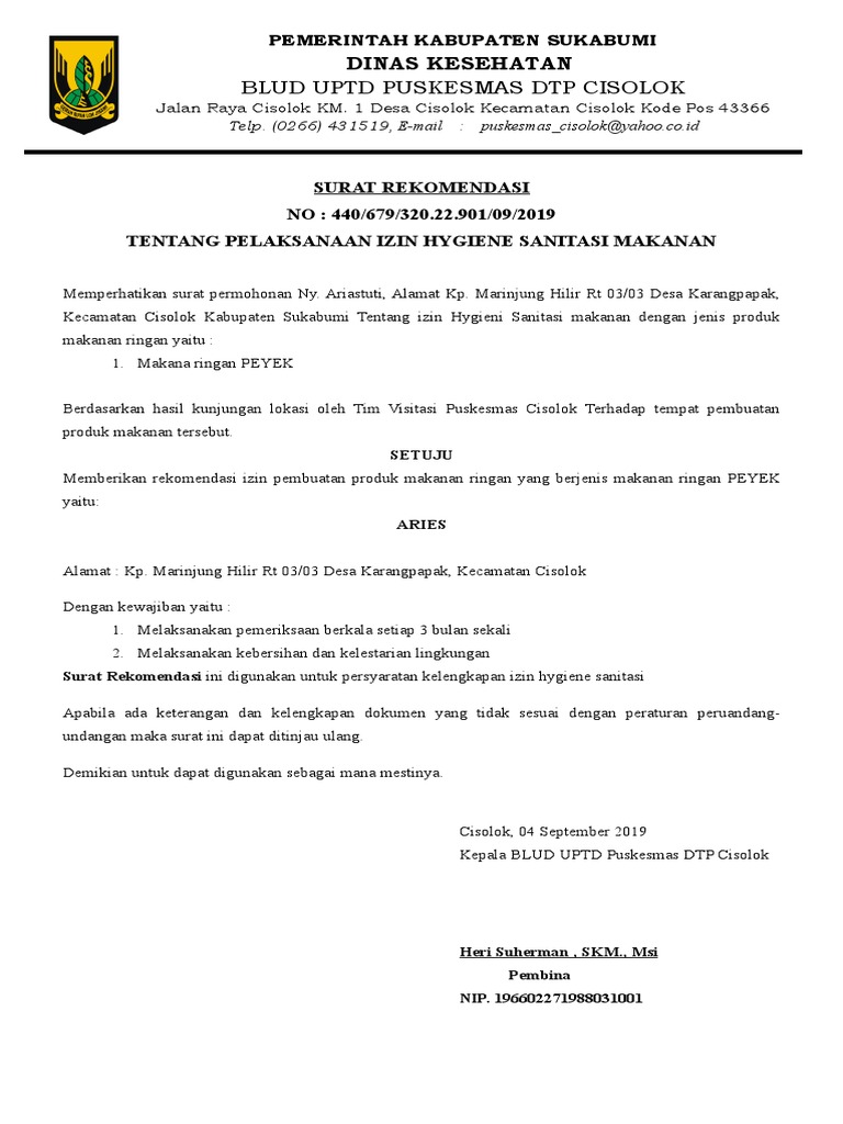 Contoh SURAT REKOMENDASI PIRT | PDF