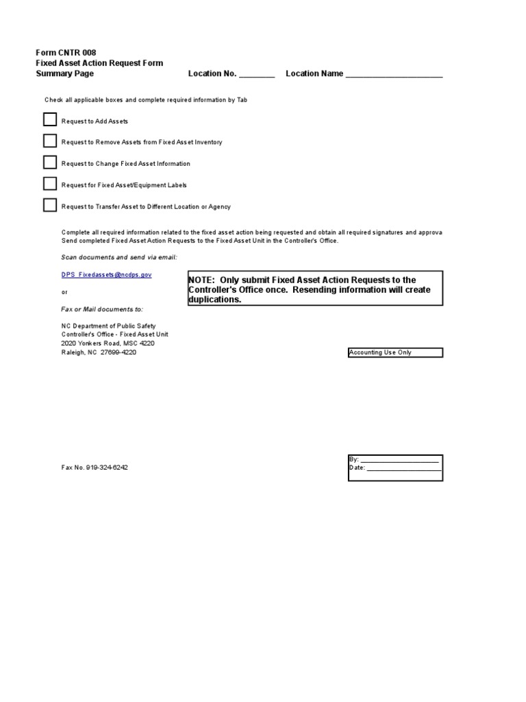 Form CNTR 008 Fixed Asset Action Request Form Summary Page Location No ...