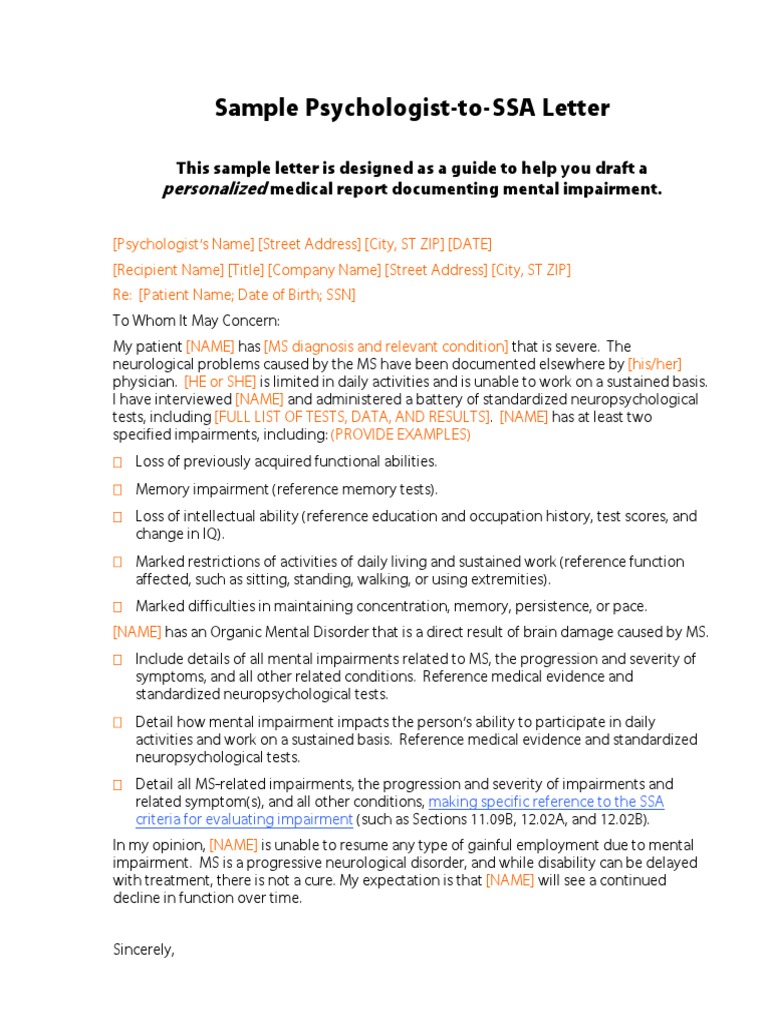 Sample SSA Letter for Mental Impairment | PDF