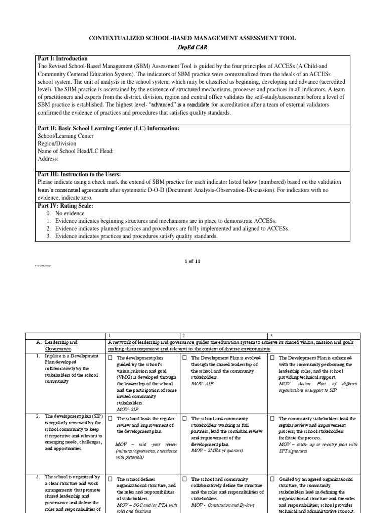 Contextualized School-Based Management Assessment Tool: Deped Car ...