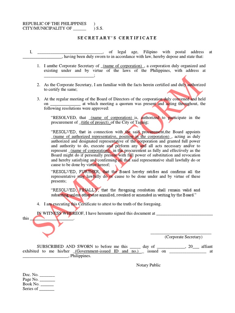 Sample Secretary's Certificate | PDF | Board Of Directors | Public Law