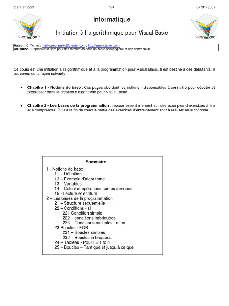 Initiation à l'algorithmique en Visual Basic | PDF | Structure de ...