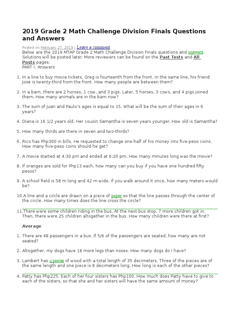 2019 Grade 2 Math Challenge Q&A | PDF | Leisure | Nature