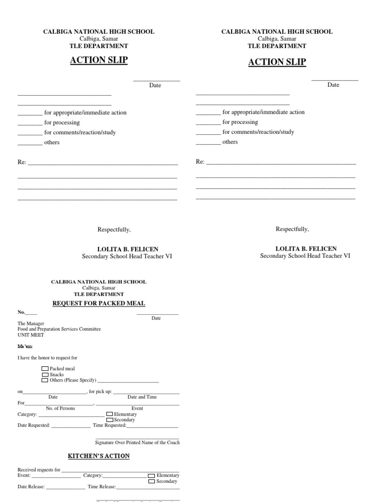 Action Slip Action Slip: Calbiga National High School Tle Department ...