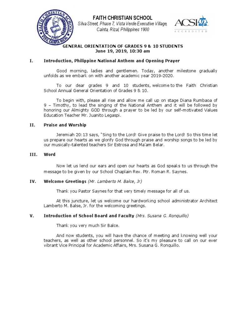 SCRIPT - Orientation of Gr. 9-10 | PDF