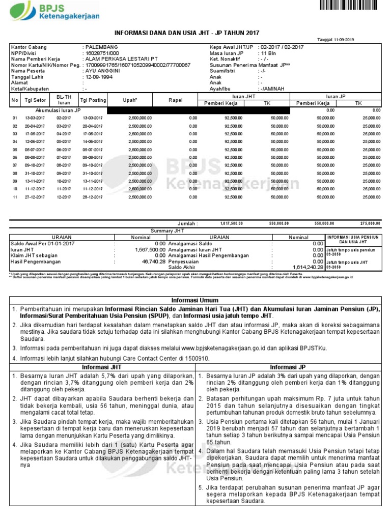 Informasi Saldo JHT dan JP 2017 | PDF