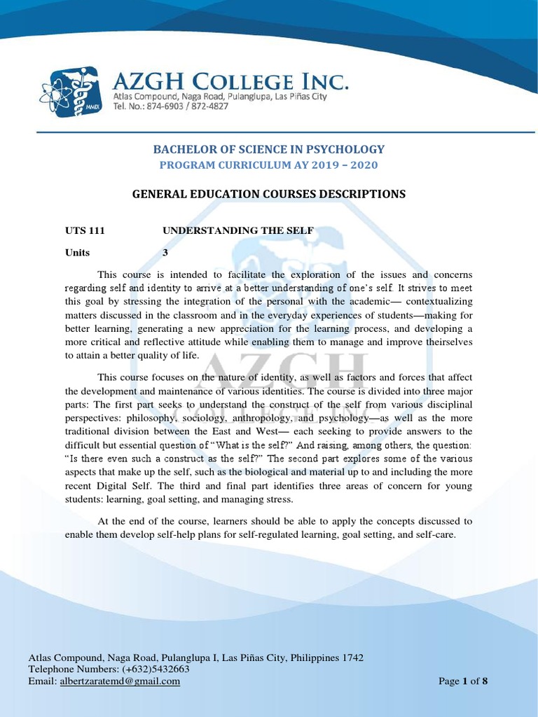 Bachelor of Science in Psychology: General Education Courses Descriptions | Download Free PDF ...