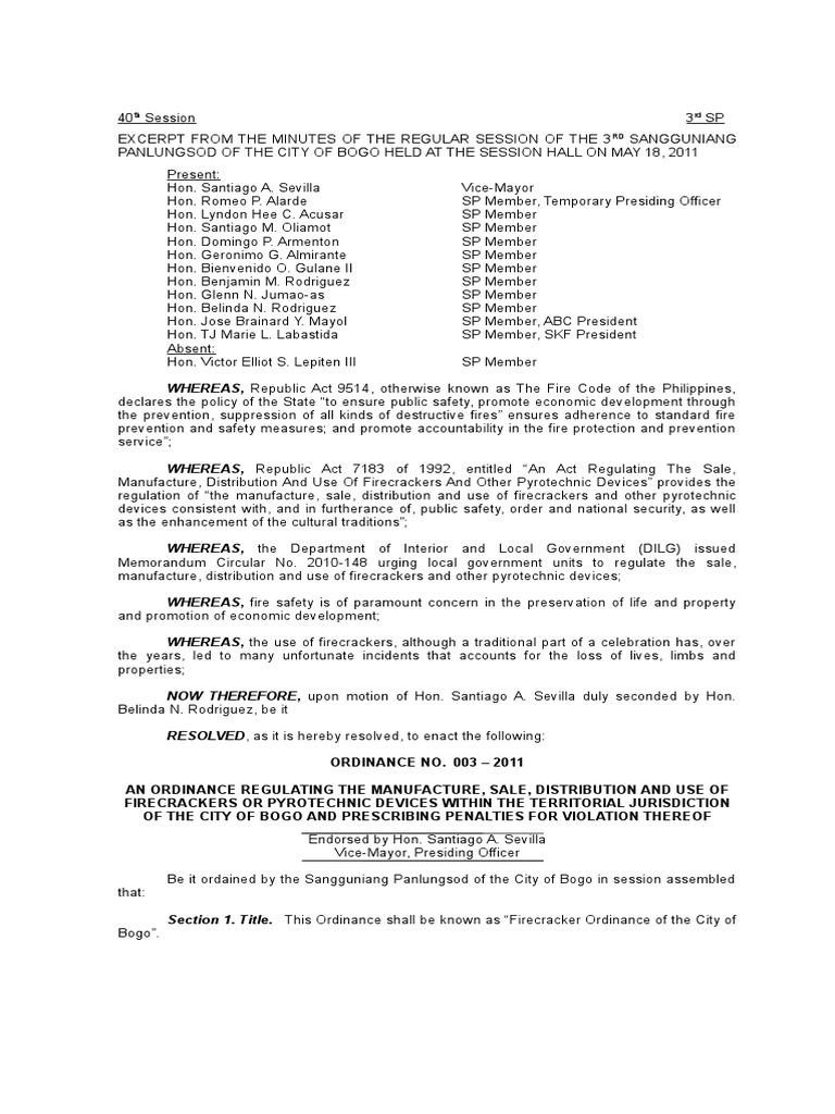Bogo Firecracker Regulation Ordinance | PDF | Fireworks | Pyrotechnics