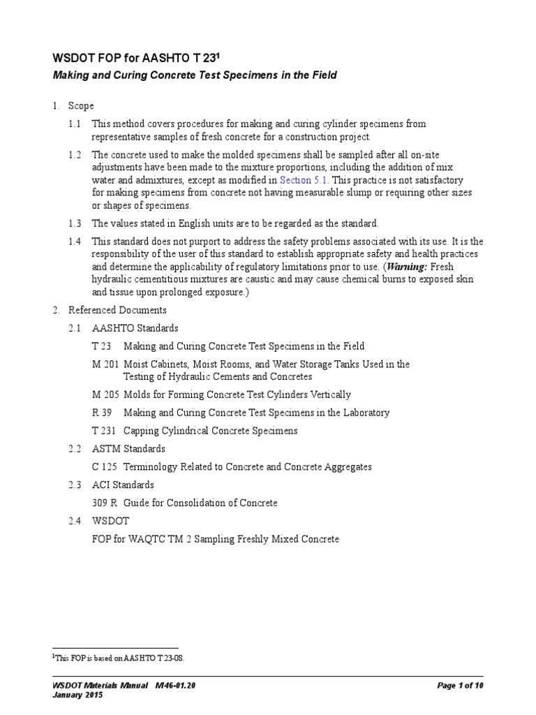 Wsdot Fop For Aashto T 23: Making and Curing Concrete Test Specimens in ...