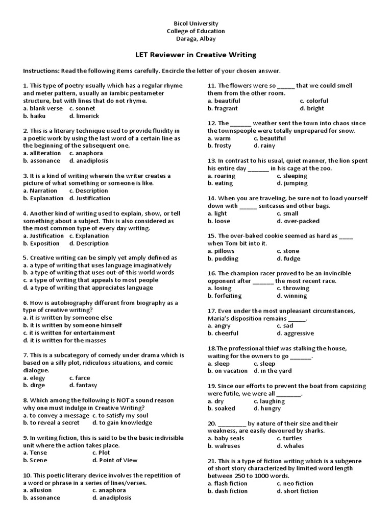 Creative Writing LET Reviewer | PDF | Literary Techniques | Poetry