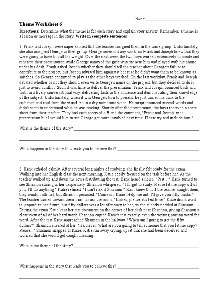 Theme Worksheet 6: Directions: Determine What The Theme Is For Each ...