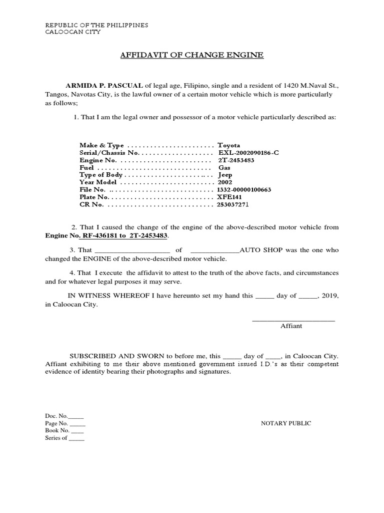 Affidavit of Change Engine: Republic of The Philippines Caloocan City | PDF