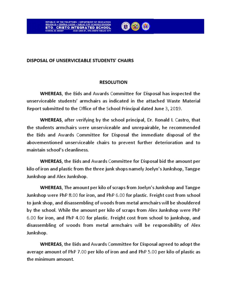 Resolution in Disposing Unserviceable Chairs | PDF | Materials | Nature